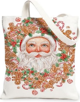 Generic Sacs fourre-tout en toile de No&euml;l, motif P&egrave;re No&euml;l festif, sacs d&eacute;picerie r&eacute;utilisables, vacances fantaisie, l&eacute;gers, lavables, Blanc, 13x15 Inch