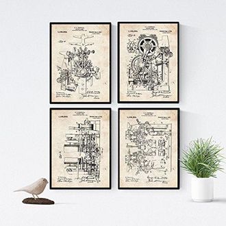 Nacnic Vintage Pack de 4 Feuilles avec Brevets dIMPRESSION Ensemble daffiches avec inventions et anciens brevets. Choisissez la couleur que vous aimez le plu