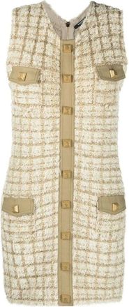 Balmain Femme, Robes, Beige, Taille: 40 FR Robe Tweed Sans Manches avec Accents Dor&eacute;s