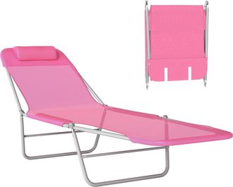 OUTSUNNY Outdoor-Klappliege, verstellbare R&uuml;ckenlehne, Gartenliege mit Kopfst&uuml;tze und Kopfkissen, rosa