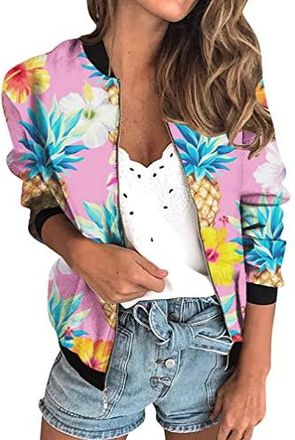 Minetom Veste Femme Motard Blouson Printemps Été Léger Bomber Blouson Outwear Zippé Imprimé Floral Court Jacket C Rose S