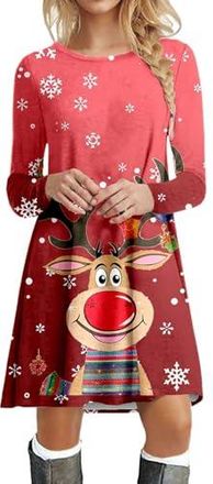 Generic Robe De Noël Femme Manches Longues, Robe Mere Noël Femme Col Rond Mini Imprime Decontracte Costume De Pere Noel Coupe Tendance Cocktail Dress Loisirs 
