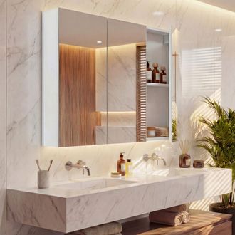 Mendler Spiegelschrank HWC-B19b, Badschrank H&auml;ngeschrank, 6 Regalb&ouml;den Hochglanz FSC-Zertifiziert 70x80x16cm - wei&szlig;