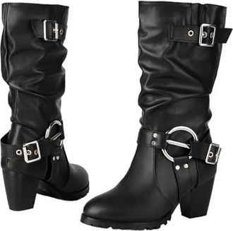 Generic Bottines Pour Femme, &Eacute;l&eacute;gantes Confortables Cuir Synth&eacute;tique Mi-Mollet Avec Talon Carr&eacute; Et Boucle Style Chevalier Grande Taille Bout Rond Bottines Mot