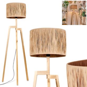 HOFSTEIN Stehleuchte Granja, Stehlampe aus Holz/Bast in Naturfarben, Leuchte im skandinavischen Design mit rundem Schirm (Ø 40 cm) u. Fußschalter, Höhe 160 cm,