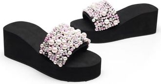 Hemoton Pantoufles Compens&eacute;es D&Eacute;t&eacute; pour Femmes Semelle &Eacute;paisse Antid&eacute;rapante 6 CM D&eacute;cor Perles Synth&eacute;tiques Couleur Rose Taille 37 - Chaussures Plage et Int&eacute;r