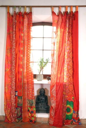 Guru Shop Seidiger Vorhang(1 STK.) Indische Boho Gardine aus Patchwork Sareestoff, Unikat - Orange Bunt, Synthetisch, 250x100x0 cm