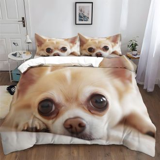 Generic Tier-Chihuahua Bettwäsche 155x220 cm Cremefarben Bettwäsche-Sets Polyester Baumwolle Bettbezug 3 Teilig, Atmungsaktiv Bettwäsche Set mit Reißverschlus