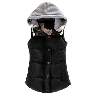 Generic Gilet dhiver pour femme - Veste matelass&eacute;e sans manches - Capuche amovible - Veste dext&eacute;rieur avec poches, Noir, XXL