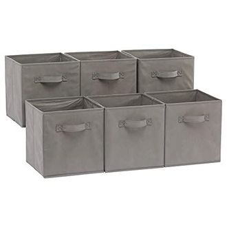 Amazon Basics Lot de 6 cubes de rangement pliables en tissu avec poignées, Gris Uni, 26,6 x 26,6 x 27,9 cm