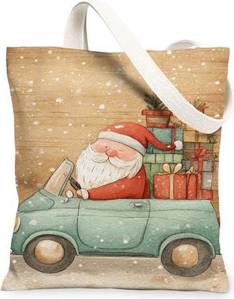 Generic Sacs fourre-tout en toile motif P&egrave;re No&euml;l, illustration de vacances, sacs d&eacute;picerie r&eacute;utilisables, vintage, l&eacute;gers, lavables &agrave; l&eacute;paule Stra, Vert, 13x