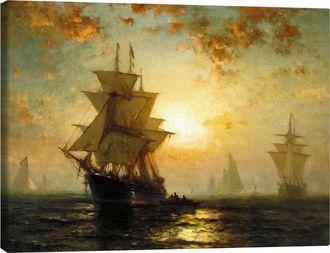 Posterlounge Segelschiffe bei Sonnenuntergang Leinwandbild von Edward Moran 90 x 70 cm Orange Wandbilder Wanddeko