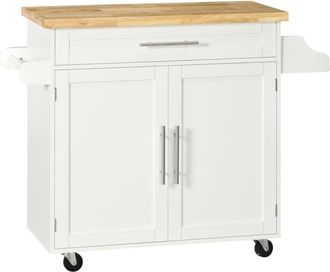 HOMCOM Kücheninsel Küchenwagen auf Rollen mit Arbeitsplatte, Servierwagen mit Schublade, Gewürzregal, Handtuchhalter, Küchentrolley für Küche, Esszimmer