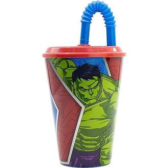 Cartoon Gobelet avec paille pour enfants Avengers verre en plastique r&eacute;utilisable semi-rigide BPA Free capacit&eacute; 430 ml