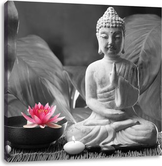 Pixxprint Buddha mit Seerose schwarz, weiß, Größe: 40x40, Leinwandbild Quadratisch, Wandbild, Kunstdruck, fertig bespannt