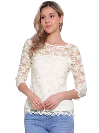 Allegra K Damen Top mit Blumen Spitzen 3/4-&Auml;rmel Rundhals L&auml;ssig Elegant Spitzenbluse Aprikose XL