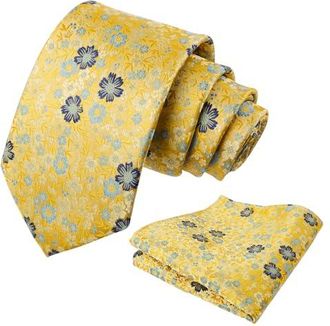 Alizeal Cravate florale pour homme avec poche carrée pour fête de mariage et mouchoir, 129-Jaune + Bleu, taille unique