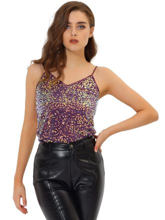 Allegra K Damen Festliches Oberteil Glitzer Top Spaghetti Party Club Camisole Pailletten Shirt Violett M