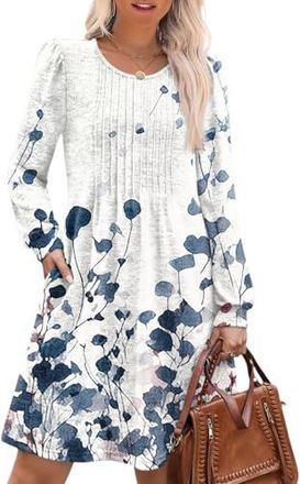 Generic Robe boh&egrave;me pour femme, mini robe &agrave; manches longues, col rond, robe trap&egrave;ze d&eacute;contract&eacute;e, fluide avec poches lat&eacute;rales, robe moulante formelle en tric