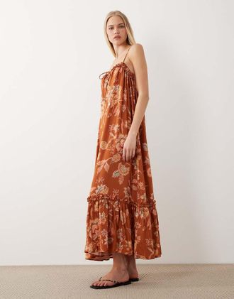 Accessorize Maxikleid in Rostrot mit Blumenmuster und R&uuml;schen-Orange