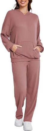 Generic Ensemble de pyjama pour femme, couleur unie, col rond, v&ecirc;tement de nuit long et pantalon &agrave; taille &eacute;lastique, ample, confortable, v&ecirc;tements de nuit pou