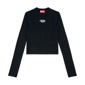 Diesel Gerippter Sweater aus Viskosemischung mit Brust-Cut-Out und ovalem D-Metallplakette - - Tops - Damen - Schwarzk - M