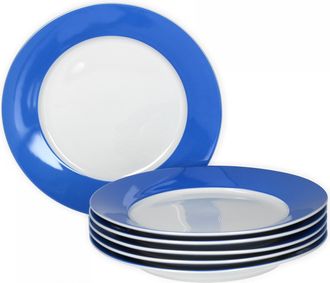 Van Well Vario Frühstücksteller Set 6-teilig - Hochwertiges Porzellan mit Blauem Rand für 6 Personen - Mikrowellengeeignetes Dessert- und Kuchenteller-Set