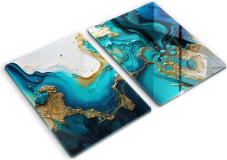 Generic Wallfluent Gehärtetem Glas Robuste mit Motiv Herdabdeckplatte Hartglas Kochplattenabdeckung Anti-Rutsch-Pads 2x40x52cm Für Küche - Türkisfarbene Abstr