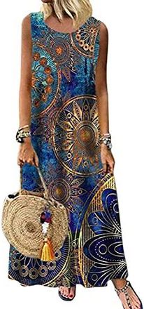 Onsoyours Femme Robe dété Casual Longue Épaule Dénudée sans Manche Chic Imprimé Floral Maxi Robe Été Plage Vacances I Bleu L