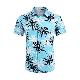 Generic Chemise hawa&iuml;enne grande et grande pour homme - Motif floral tropical hawa&iuml;en palmier - Chemise de plage &agrave; manches courtes boutonn&eacute;e - Chemise de croi