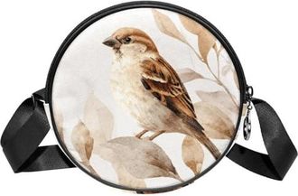 Generic Petit sac &agrave; bandouli&egrave;re rond pour femme, motif moineau, aquarelle avec fermeture &eacute;clair, bretelles r&eacute;glables, sac &agrave; main rond d&eacute;contract&eacute; pour femmes 