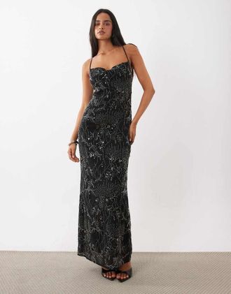 Ra-Re London caraco robe longue en mousseline &agrave; sequins et perles noire