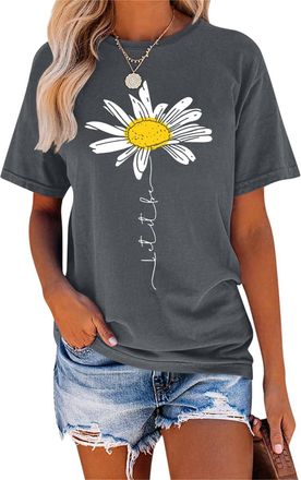 TOMWELL T-Shirt Damen Rundhals Kurzarm Grafik Druck Tshirt Sport Oberteile Casual Sommer Shirt A Dunkelgrau XXL