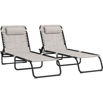 OUTSUNNY Lot de 2 bains de soleil transats pliables inclinables acier lacets &eacute;lastiques noir textil&egrave;ne cr&egrave;me