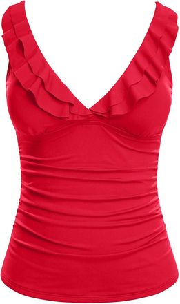 Yonique Tankini-Top f&uuml;r Damen, Bauchkontrolle, Badeanzug, Top, R&uuml;schen, Badeanzug, Top, V-Ausschnitt, Schwimm-Tanktop, ohne Unterteil, Rot/Ausflug, einfarbig 