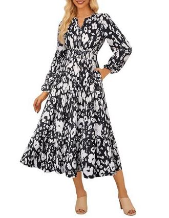 Grace Karin Robe longue &eacute;l&eacute;gante &agrave; manches longues pour femme - Col en V - Taille &eacute;lastique - Robe florale, Fleurs noires et blanches, XL