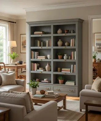 Maison Belfort home24 B&uuml;cherregal I Massivholz Pinie, lackiert R&uuml;ck-, Seitenw&auml;nde & Einlegeb&ouml;den: MDF Mitteldichte Holzfaserplatte, lackiert Grau/Granit 214 x 239 x