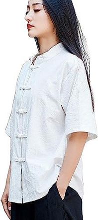 Lazutom Chemise à manches courtes en coton et lin pour femme - Motif grenouille chinoise - Kung Fu, Tai Chi Zen - Tenue darts martiaux, blanc, taille unique
