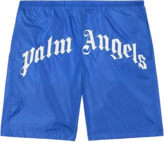 Palm Angels Homme, Maillots de bain, Bleu, Taille: S Curved Logo Swimshorts