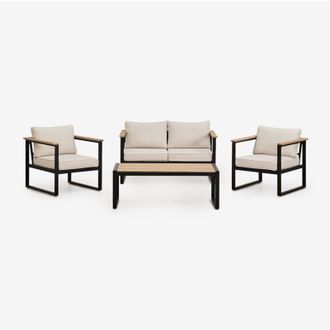 Sklum Gartenset mit einem 2-Sitzer-Sofa, 2 Sesseln und einem Couchtisch aus Aluminium und Lipov-Akazienholz. Schwarz