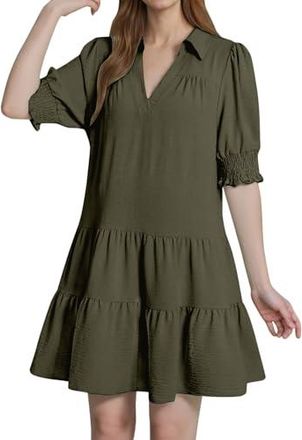 Generic Robe d&eacute;contract&eacute;e pour femme avec col &agrave; revers et manches mi-longues pliss&eacute;es et col en V pour femme, robe d&eacute;t&eacute; 2026, robe ample, robe ample pour femm