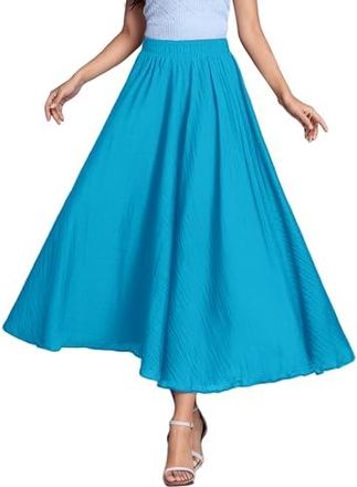 Generico Jupe longue en coton et lin boh&egrave;me pour femme taille &eacute;lastique longue fluide unie pour l&eacute;t&eacute;, la plage et les vacances, bleu, Medium