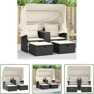vidaXL Sonnendach - Gartensofa 2-Sitzer mit Dach und Hockern Schwarz Poly Rattan