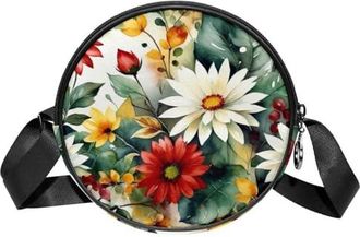 Generic Petit sac &agrave; bandouli&egrave;re circulaire pour femme, motif feuilles florales, sac &agrave; dos avec fermeture &eacute;clair, bretelles r&eacute;glables, sac &agrave; main rond d&eacute;contra