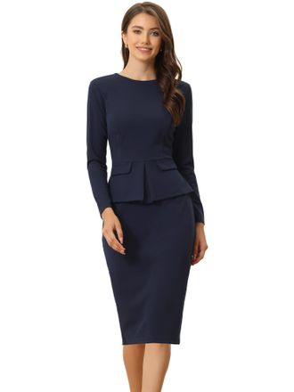 Allegra K Figurbetontes Bleistiftkleid f&uuml;r Damen, Rundhalsausschnitt, lang&auml;rmelig, Sch&ouml;&szlig;chen, f&uuml;r Arbeit, B&uuml;ro, Etuikleid, Marineblau, S