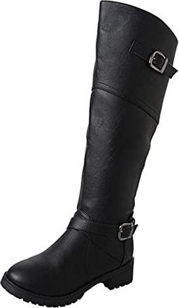 Generic Bottes à talon moyen et longue boucle pour femme - Bottes en cuir - Taille 48, Noir, 38.5 EU