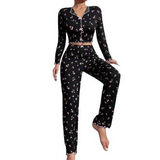 Generic Ensemble de pyjama deux pi&egrave;ces pour femme - Ensemble de v&ecirc;tements de d&eacute;tente &agrave; manches longues pour lautomne et lhiver - Ensemble de pyjama chaud et c