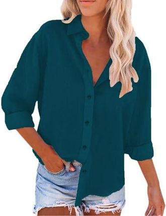 Generic Chemise en lin pour femme avec poche &agrave; manches longues boutonn&eacute;es, chemisiers, coupe ample, v&ecirc;tements d&eacute;t&eacute; pour la plage 2025, A - Bleu fonc&eacute;, M