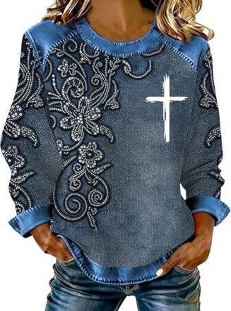 Generic Sweat-shirt d&eacute;contract&eacute; &agrave; manches longues pour femme - Coupe ample - Pull &agrave; manches longues - Chemises d&eacute;contract&eacute;es &agrave; col rond, bleu, 3XL