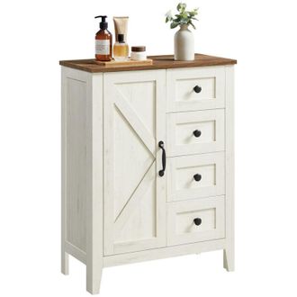 Vasagle Meuble de Rangement, Armoire Salle de Bain, Style Ferme, avec 4 Tiroirs, &Eacute;tag&egrave;re R&eacute;glable, Blanc Rustique